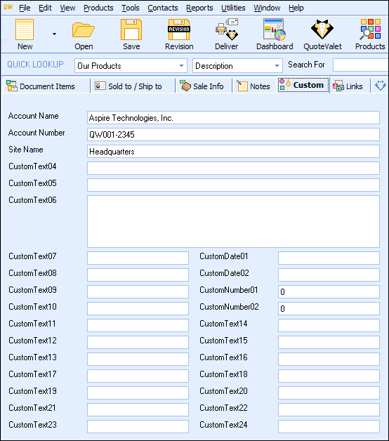 Quotewerks Help Chapter 6 Customizing Quotewerks Customizing Fields On The Custom Tab Tab
